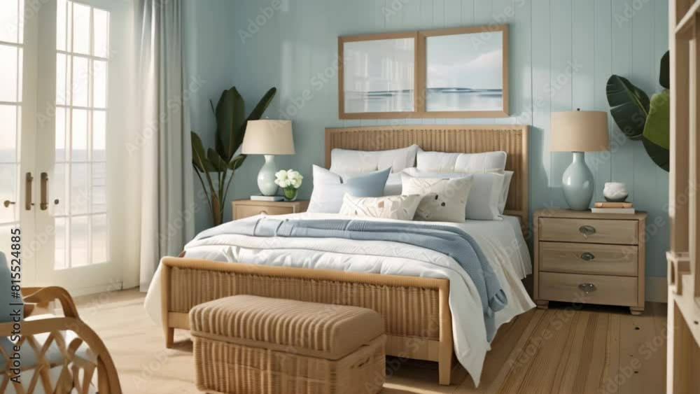 A bedroom featuring blue walls and a wicker bed, embodying a coastal ...