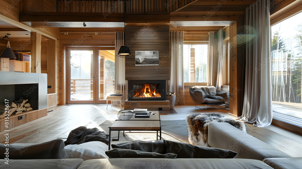 cozy warm home interior of a chic country house with an open plan wood ...