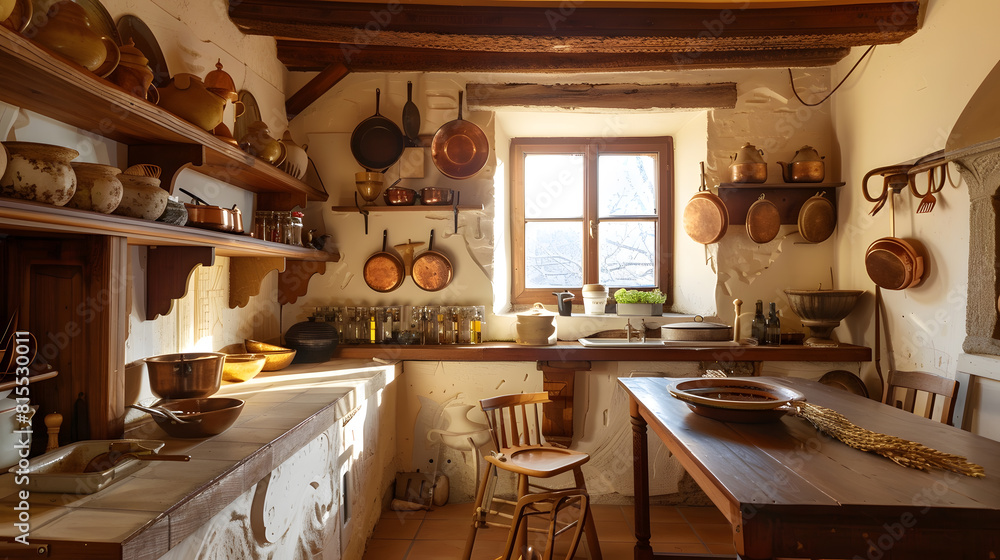 Traditional interior of old village kitchen in historic country house ...