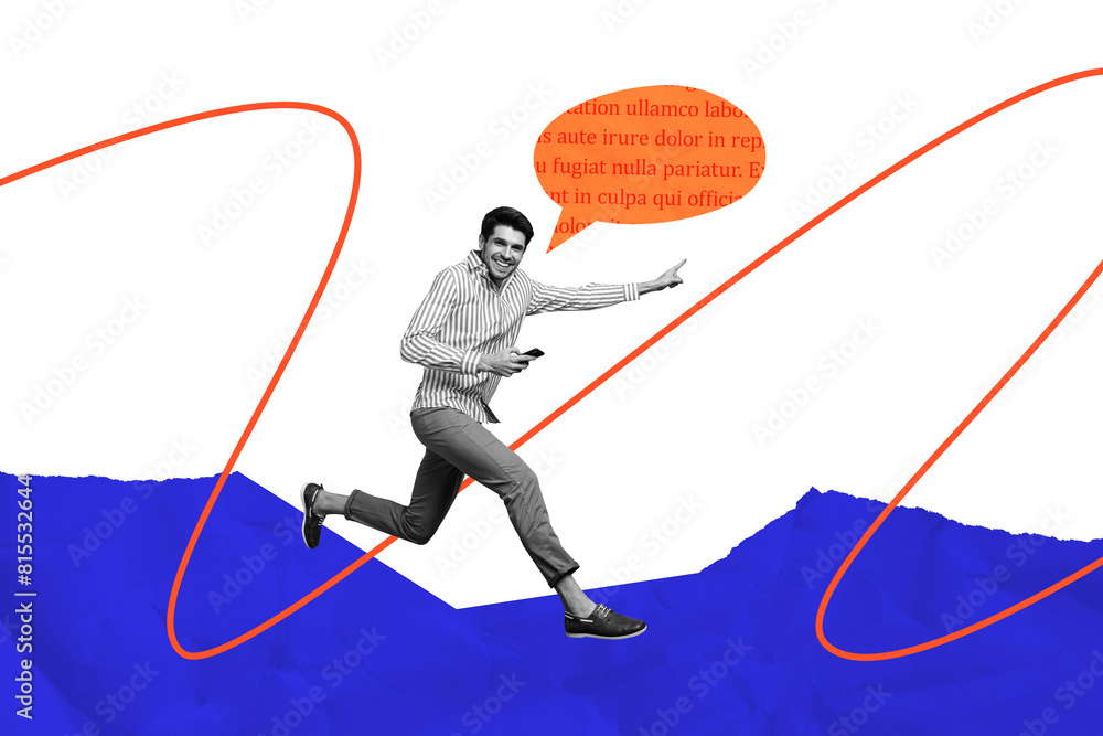 Creative picture collage young running man textbox communication speech ...