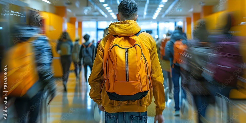Busy school morning with students rushing into high school or ...