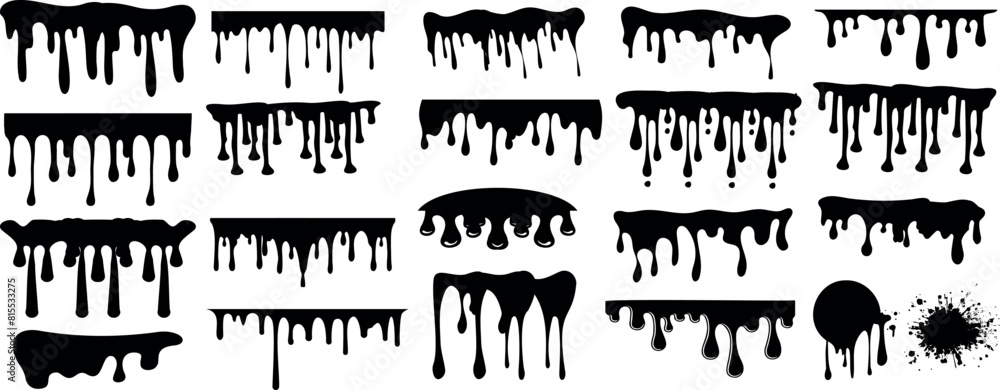 Dripping stain vector set, Black ink drips and splatters paint vector ...