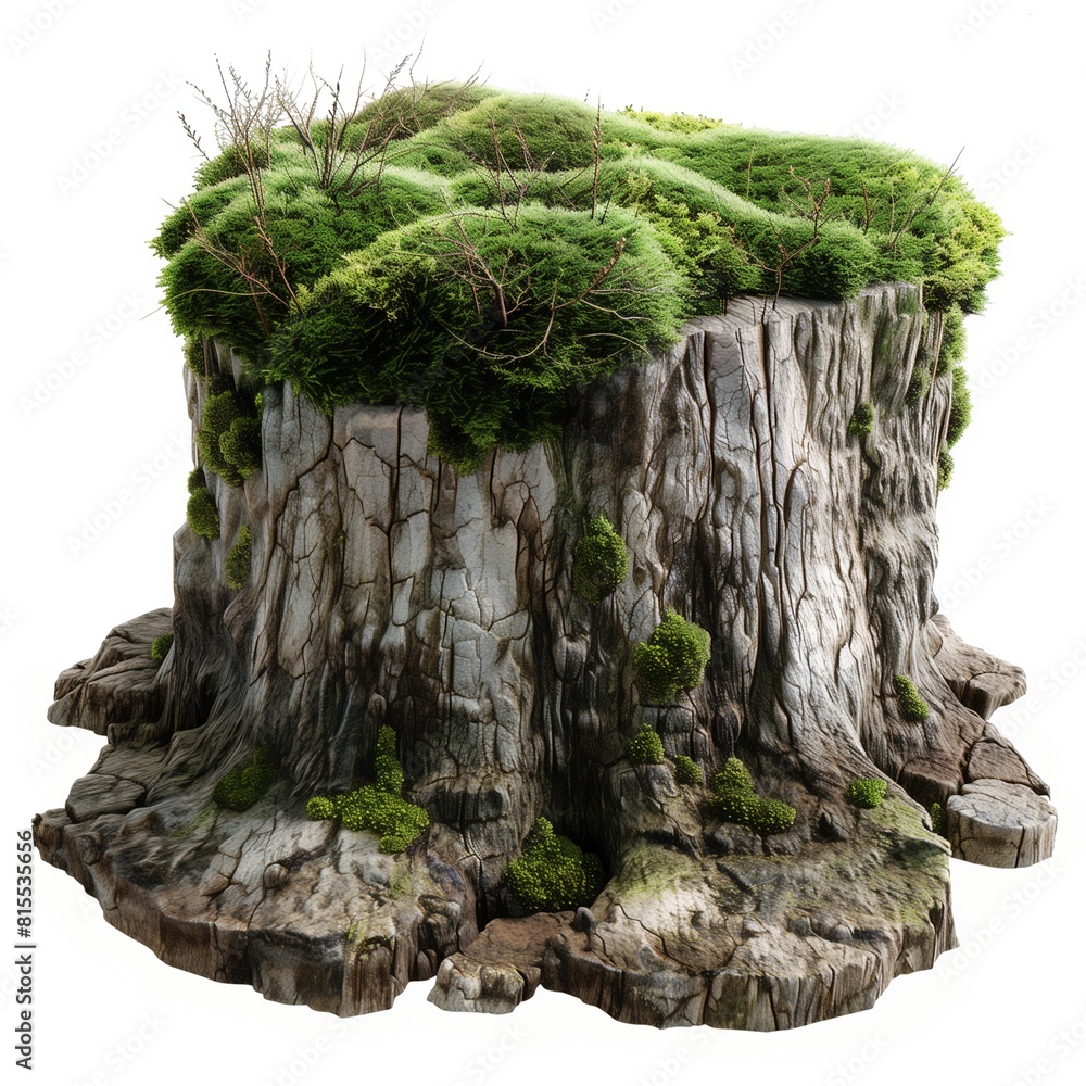 Green Rotten mossy tree stump in white background generated by AI ...