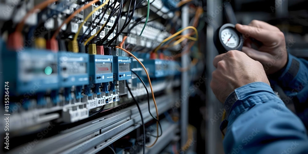 Electrician measuring current flow with ammeter in electrical panel for ...