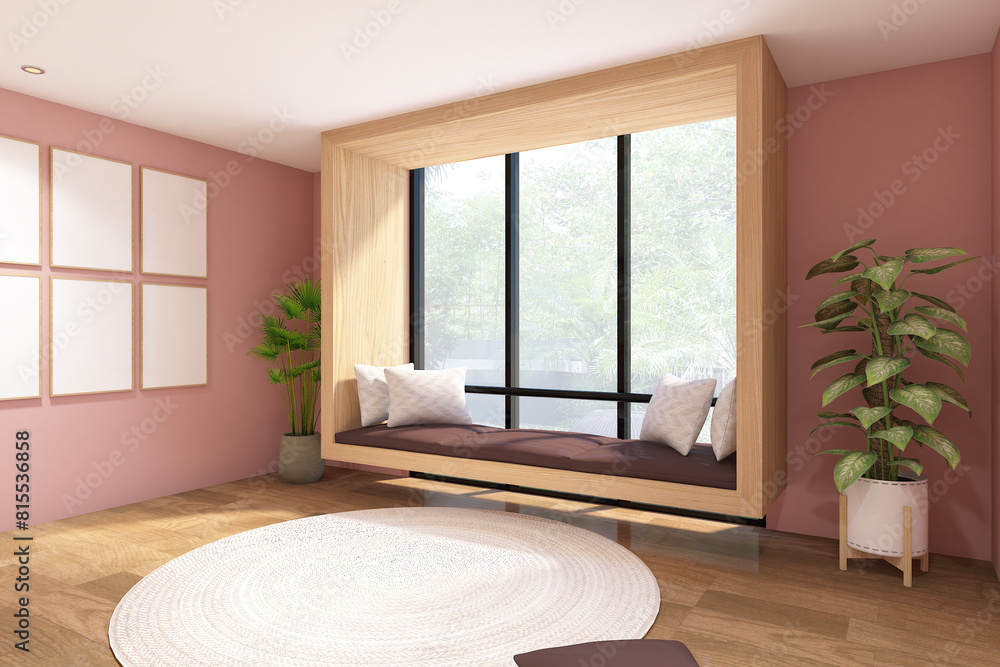 Foto de 3d render of wooden hanging windows daybed with frame mock up ...