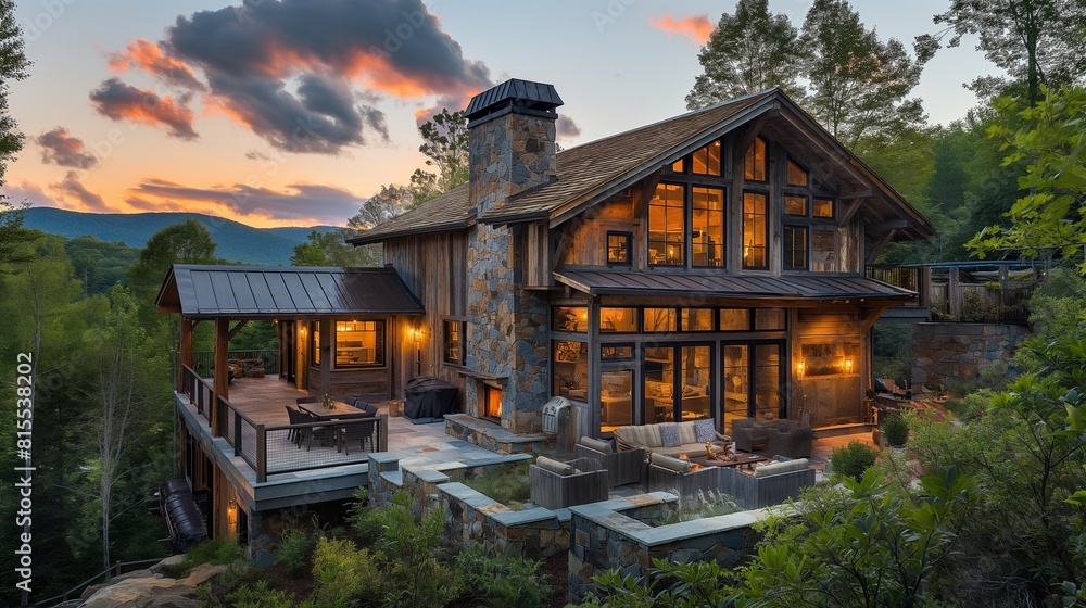 A rustic mountain retreat home with natural stone and aged wood siding ...