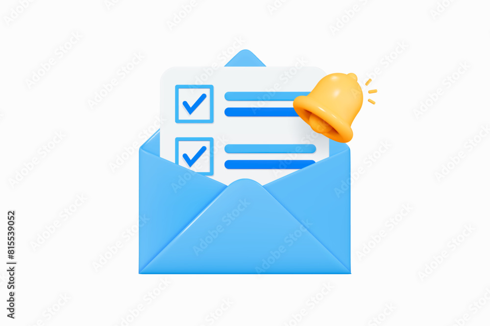 3D Letter with completed task or checklist in envelope. Open document ...