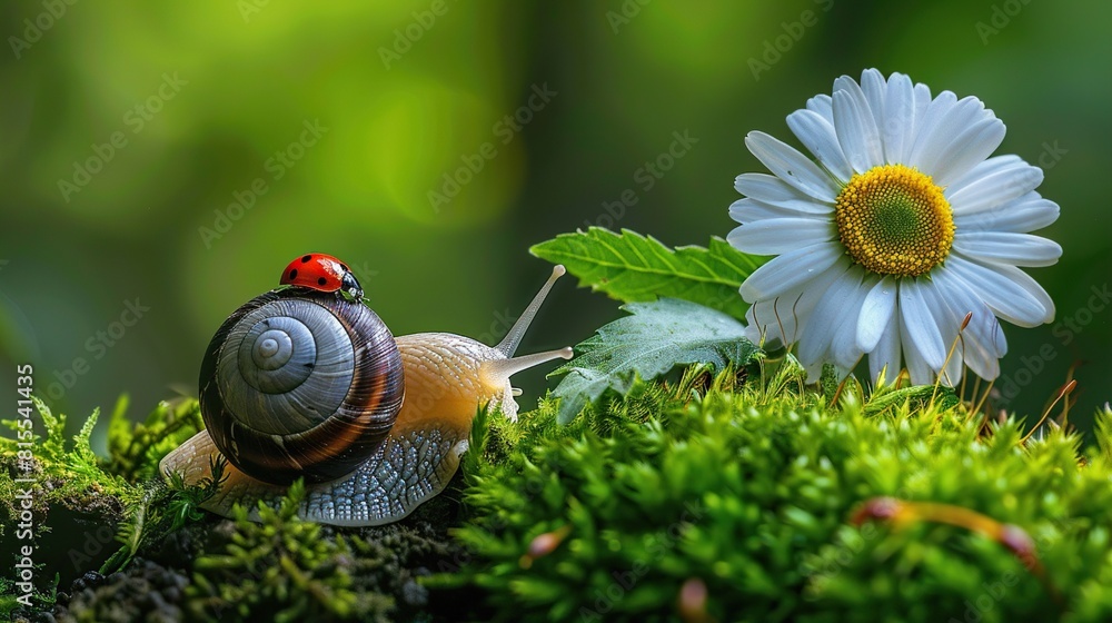 A snail and a ladybug are on a plant. The snail has a brown shell and ...