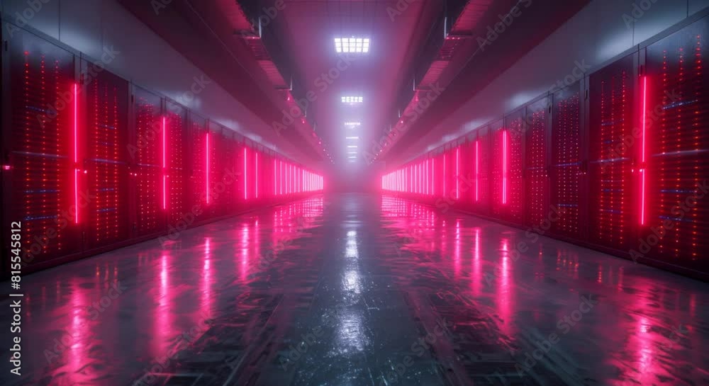 A photorealistic shot of the inside of a data center with rows of ...