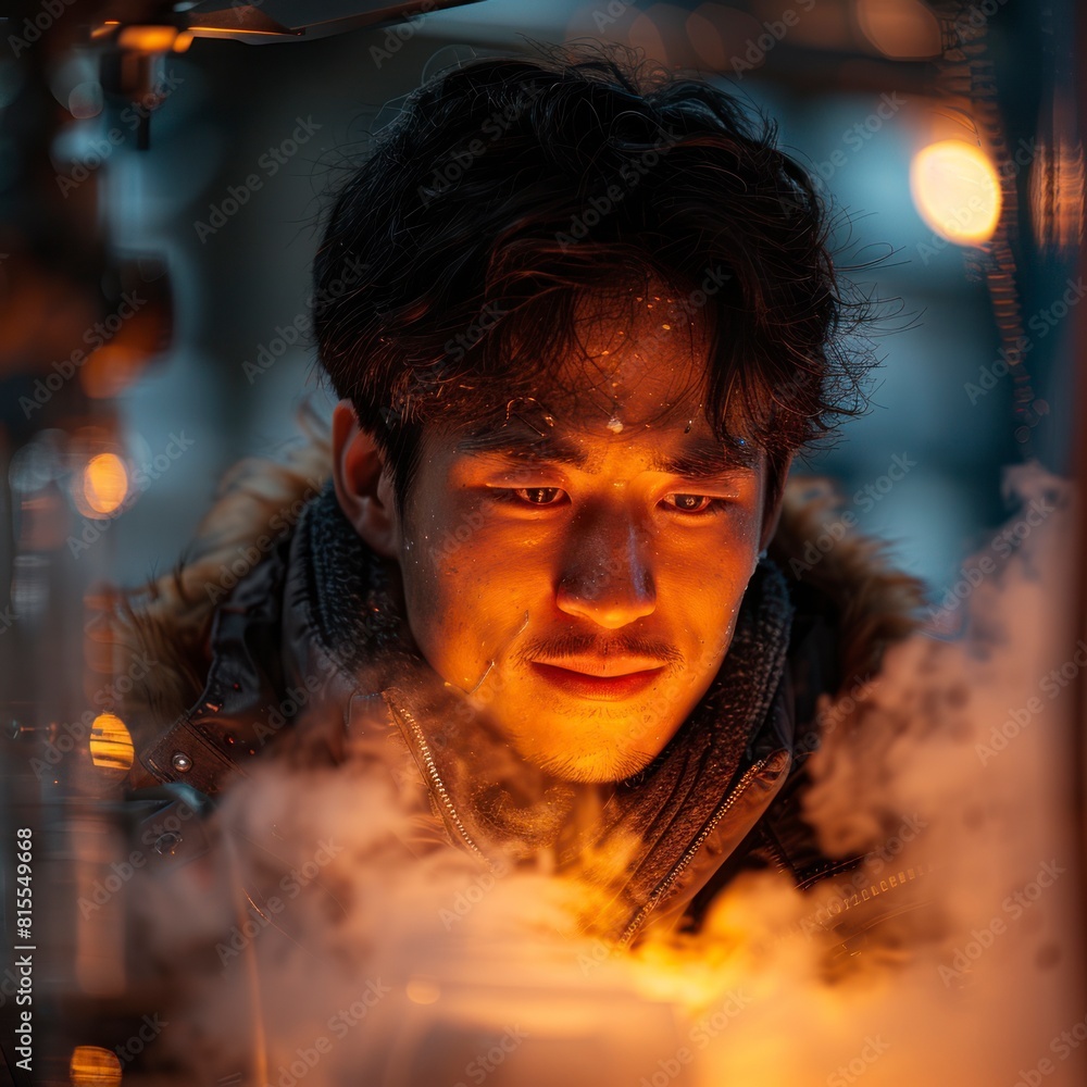 Asian physicist exploring the principles of thermodynamics in a lab ...