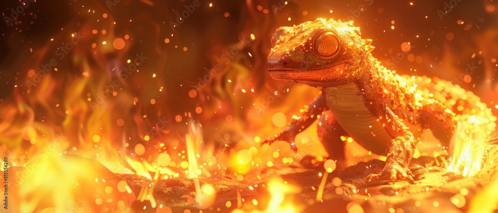 A whimsical 3D depiction of a salamander dressed in a shiny fireproof ...