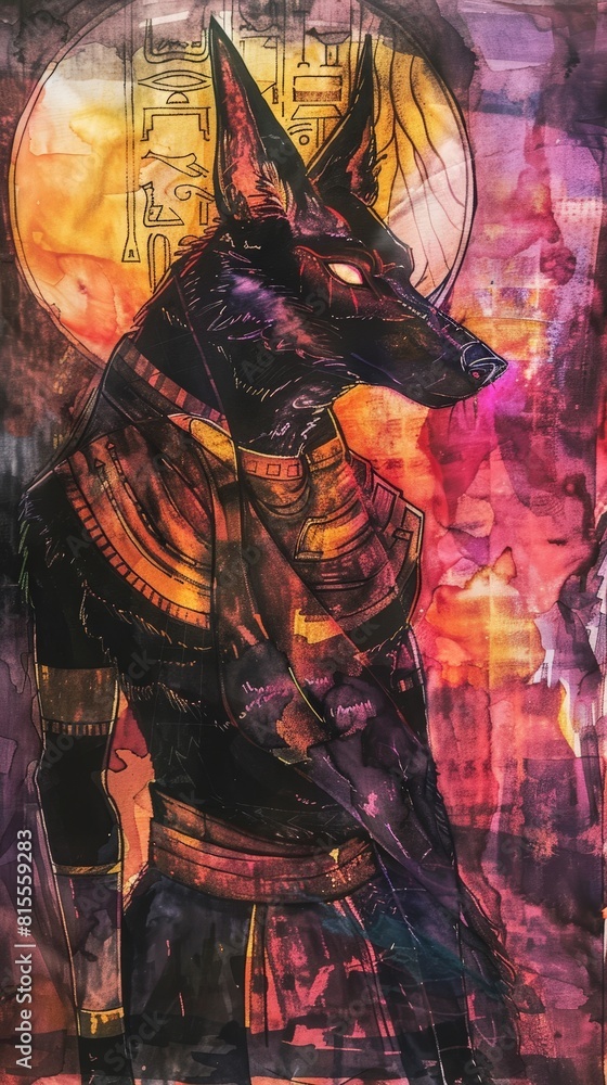 Anubis the Egyptian god in a watercolor illustration with a vibrant ...