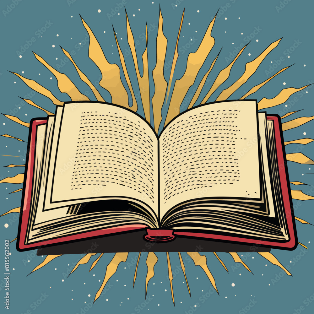 Vector illustration of an open book with golden bursts emanating from ...