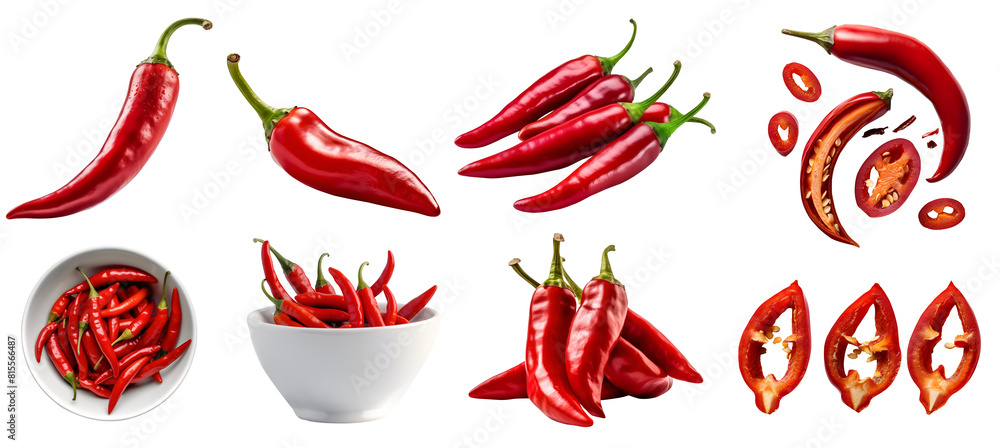 Red chili chilli chilies pepper fruit vegetable, many angles view side ...