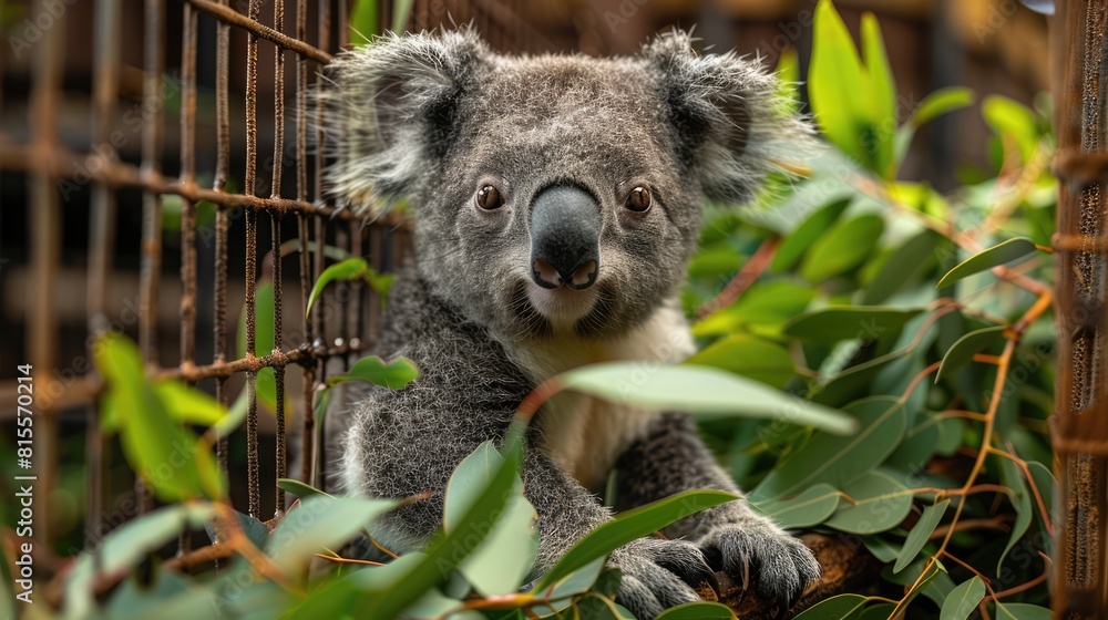 Wounded federally threatened koala (Phascolarctos cinereus) sits in a ...
