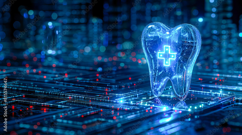 Digital tooth with cross symbol glowing on a tech circuit background ...