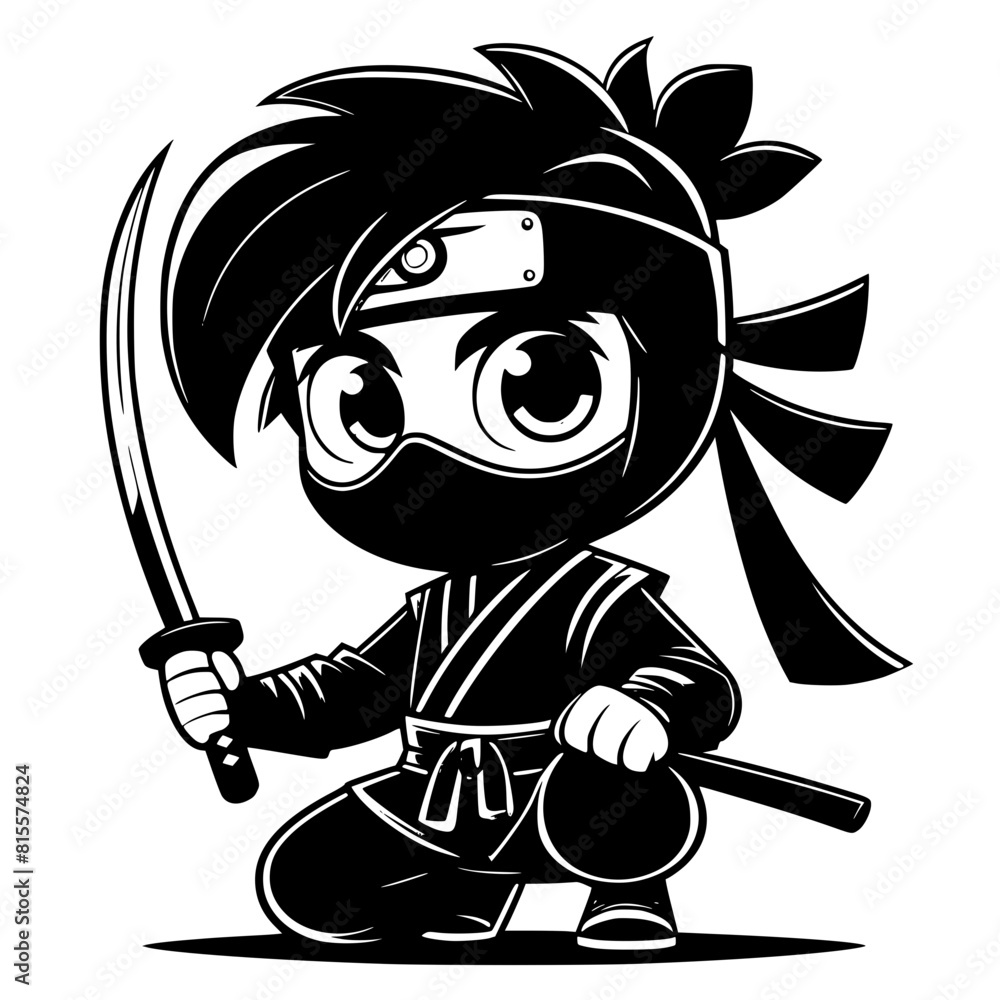 Cute cartoon ninja black and white logo svg Generative AI Stock Vector ...