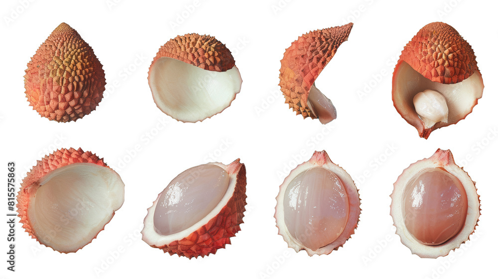 Lychees: Images from various angles, showing the rough skin, peeled ...