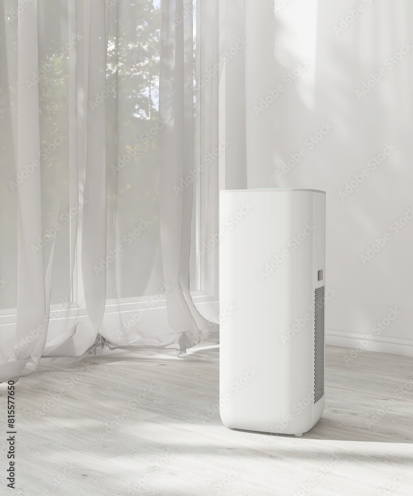 Modern air purifier in white wall room in sunlight from window with ...