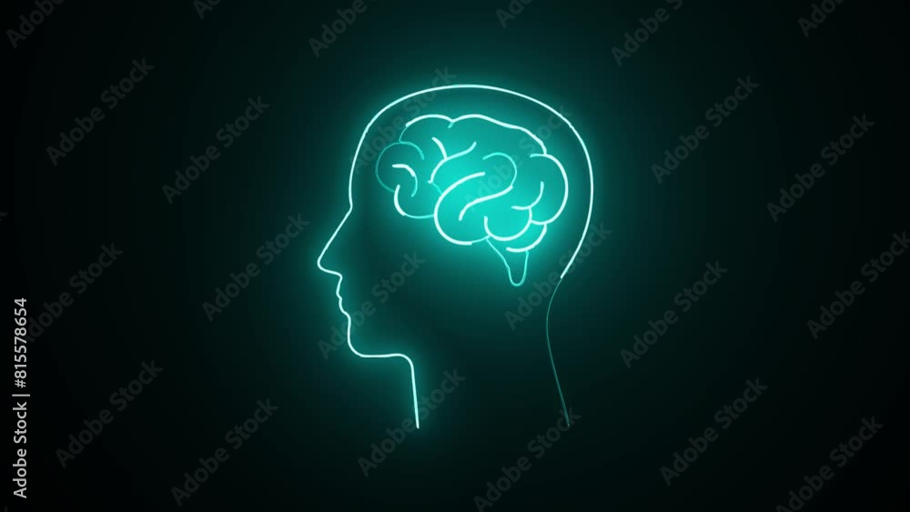 Brain and human head icon, Human head line icon animation. Glowing neon ...
