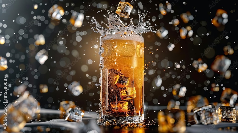 Ice cubes dropping into a tall beer glass, creating a dynamic splash, double exposure style ...
