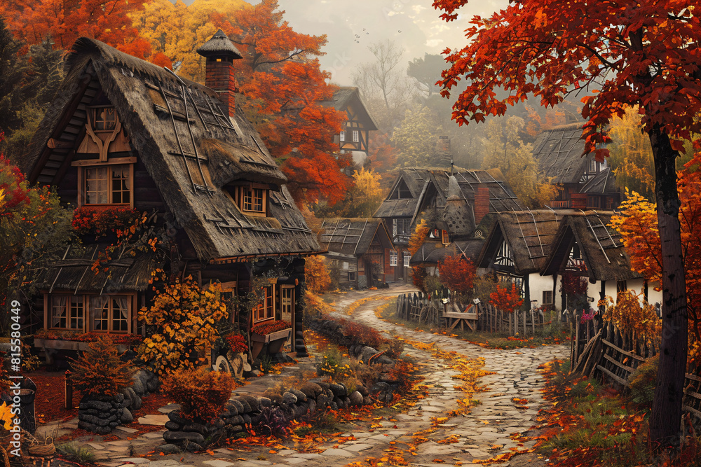 Traditional village with thatched roofs and cobblestone streets in ...
