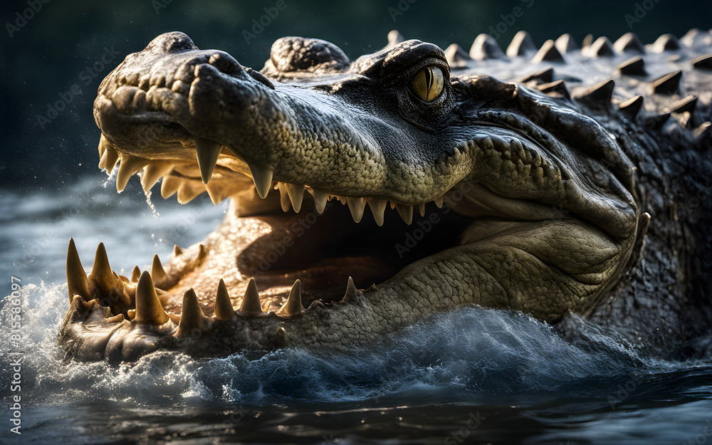 Aggressive crocodile emerging from water, eyes and teeth focused ...