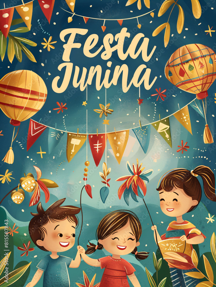 Festa Junina celebration featuring children and musicians in colorful ...