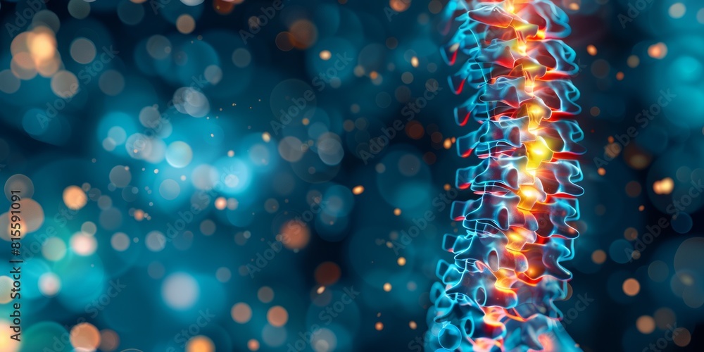 Human spine in x-ray on blue background. The neck spine is highlighted ...