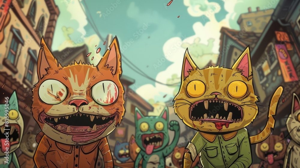 Cats vs Zombies. An orange cat with big green eyes and sharp teeth is ...