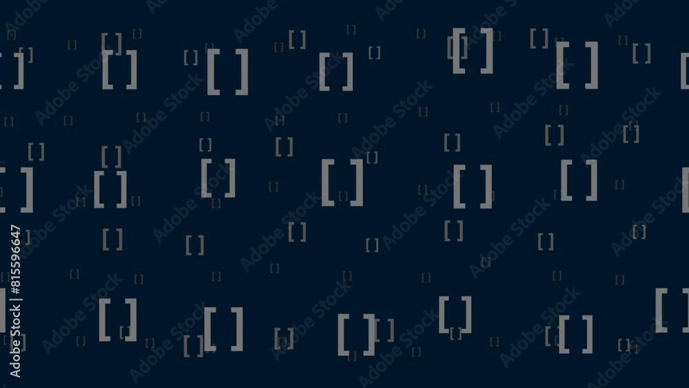 Square brackets symbols float horizontally from left to right. Parallax fly effect. Floating ...