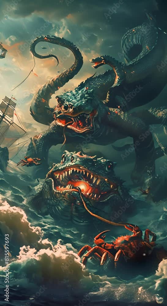 sea monsters in the form of snakes and giant crabs in the ocean ...