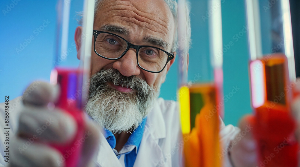 Man scientist with beard in laboratory holding test tubes and beakers ...
