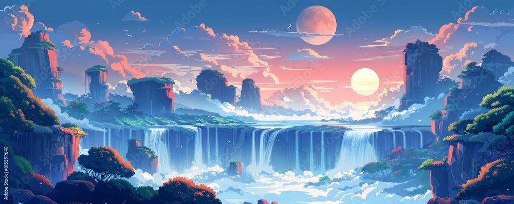 A mystical realm of floating islands and cascading waterfalls, where ...