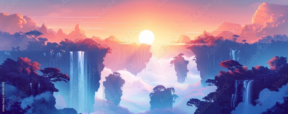 A mystical realm of floating islands and cascading waterfalls, where ...