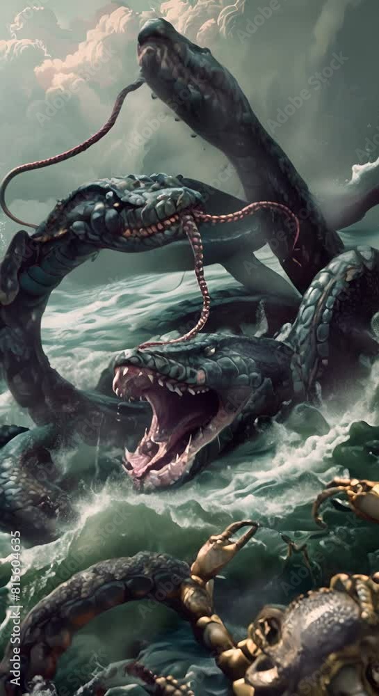 sea monsters in the form of snakes and giant crabs in the ocean ...