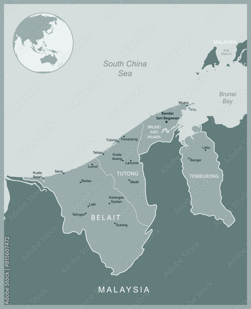 Brunei - detailed map with administrative divisions country. Vector ...