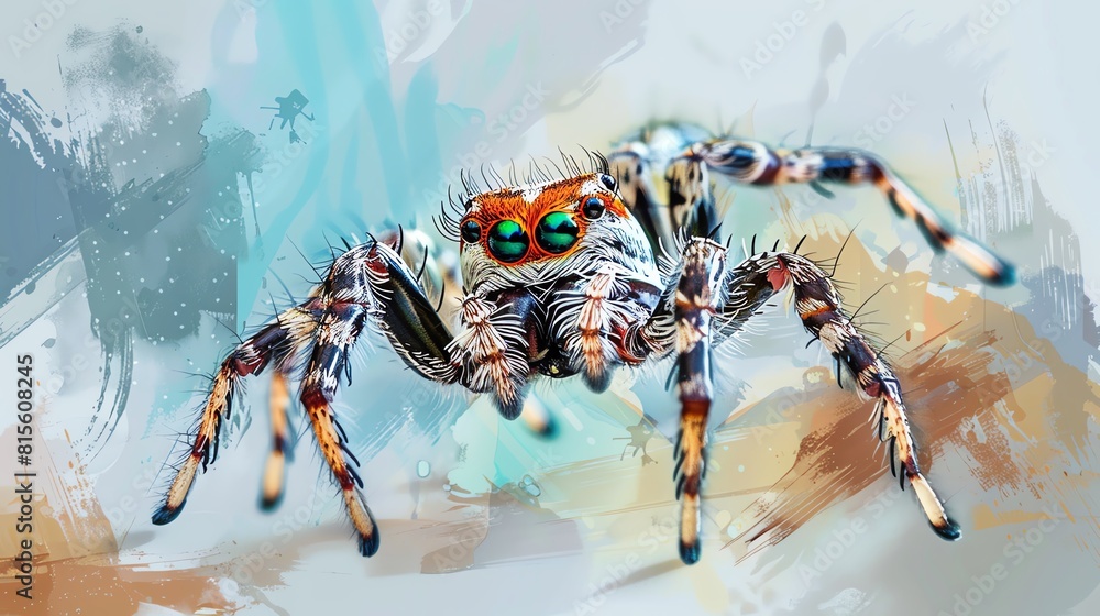 Jumping spider flat design, side view, spider theme, water color ...