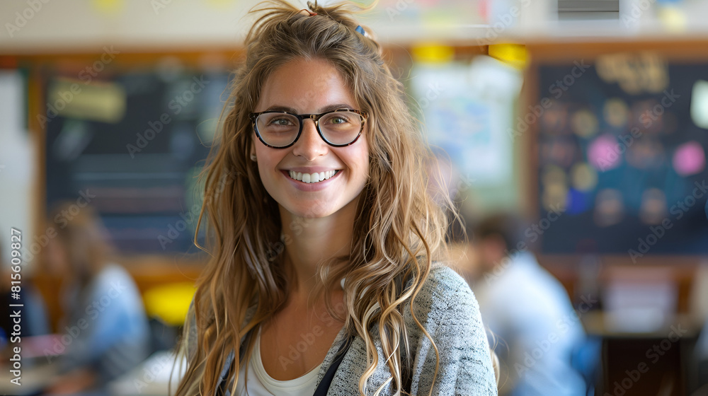 School teacher with eye glasses in good mood with classroom background ...