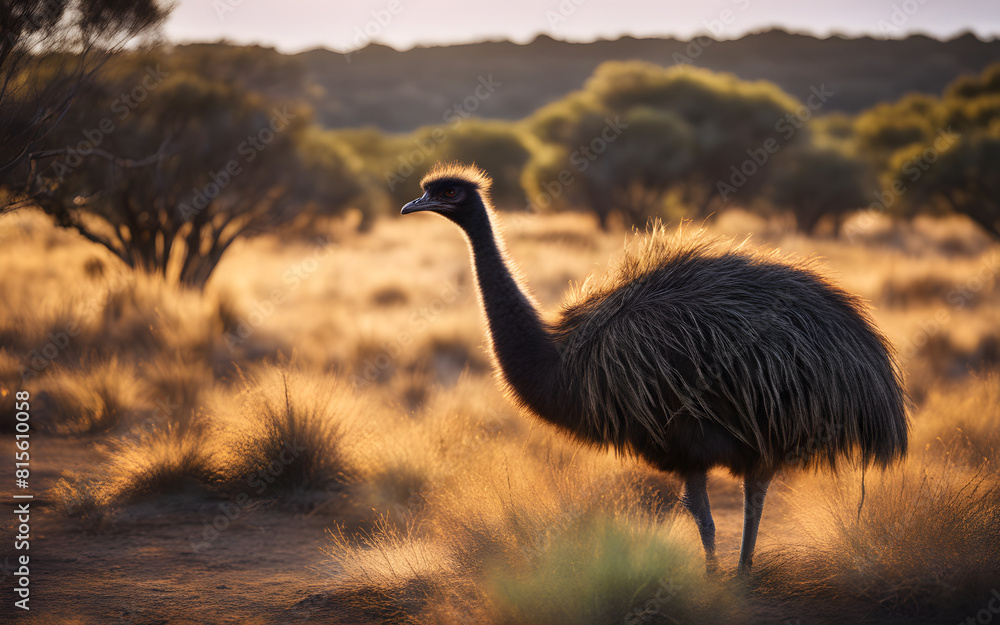 Dawn light catching the vibrant plumage of an emu in the Australian ...