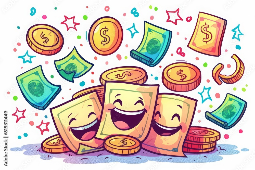 Playful money clipart with cartoonish dollar bills smiling and coins ...