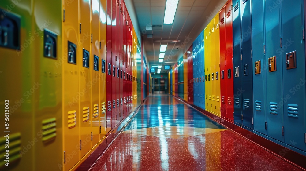 School lockers line the hallway like colorful sentinels Stock ...