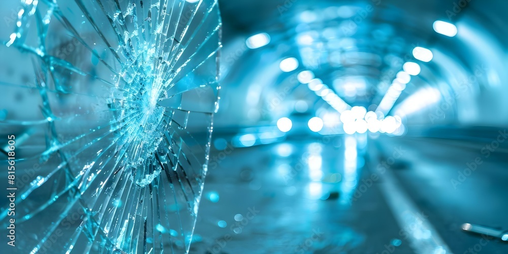 Crime scene with broken glass danger signs and gun symbolic imagery ...