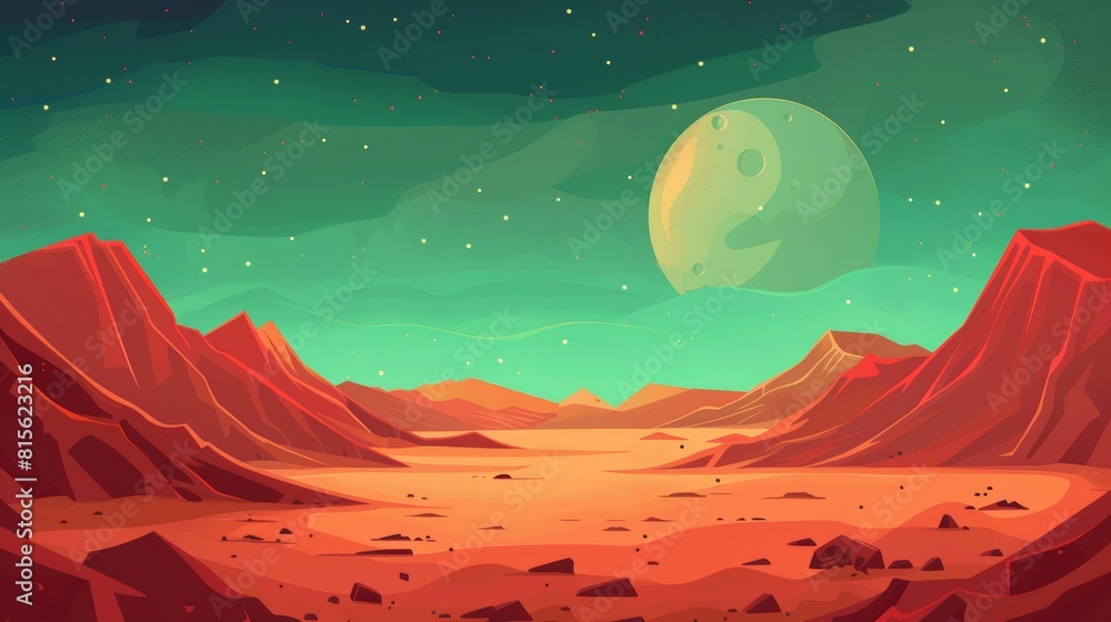 Landscape on Mars, red alien planet background with mountains, rocks ...