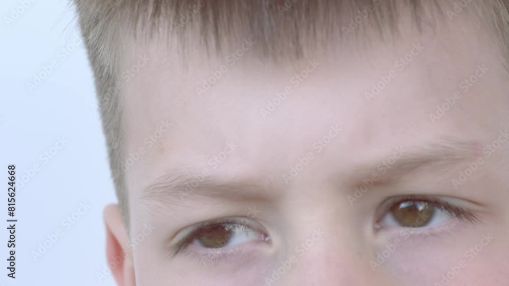 close up part child face, boy 10 years old, human eye looking directly ...