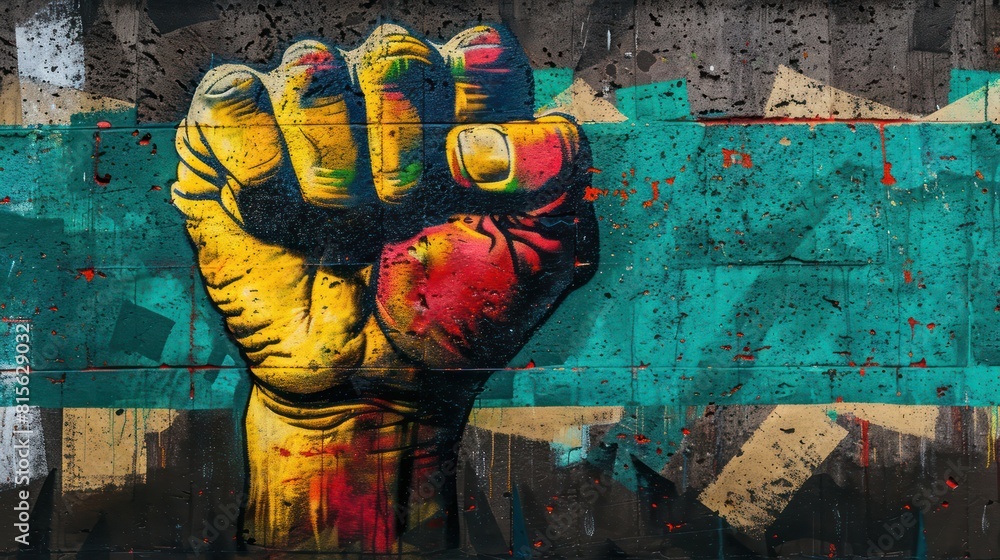 modern street art graphiti spray art of an Fist with color red, yellow ...