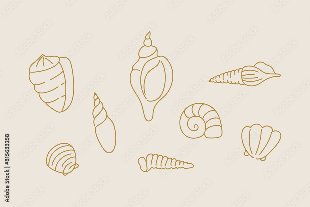 Line shell set. Outline marine icons, emblem logo or badge design ...