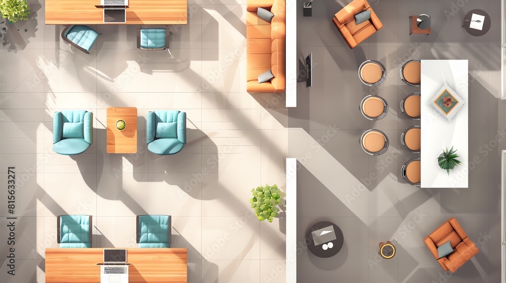 Office lobby flat design top view, welcoming theme, water color ...