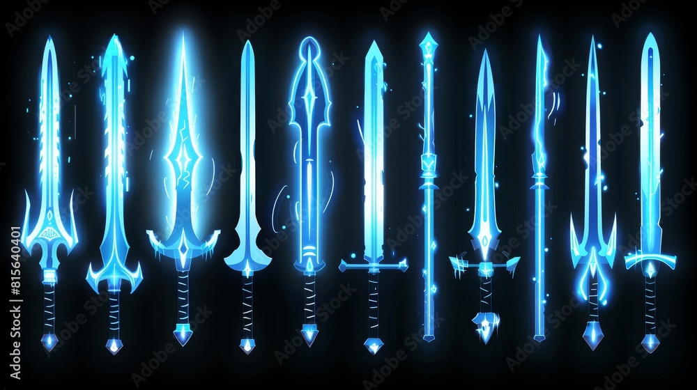 An animated sprite sheet of a cartoon sword with light traces, a magic ...