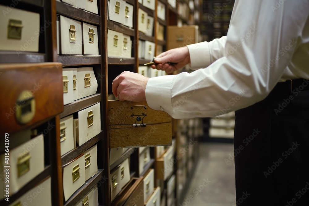 Person browsing an old card catalog system in a library setting Stock ...